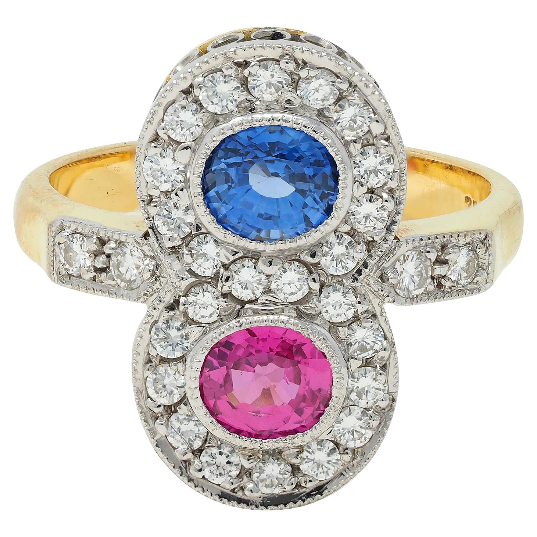 1980's 2.60 CTW Pink Blue Sapphire Diamond Platinum 18K Vintage Toi-Et ...