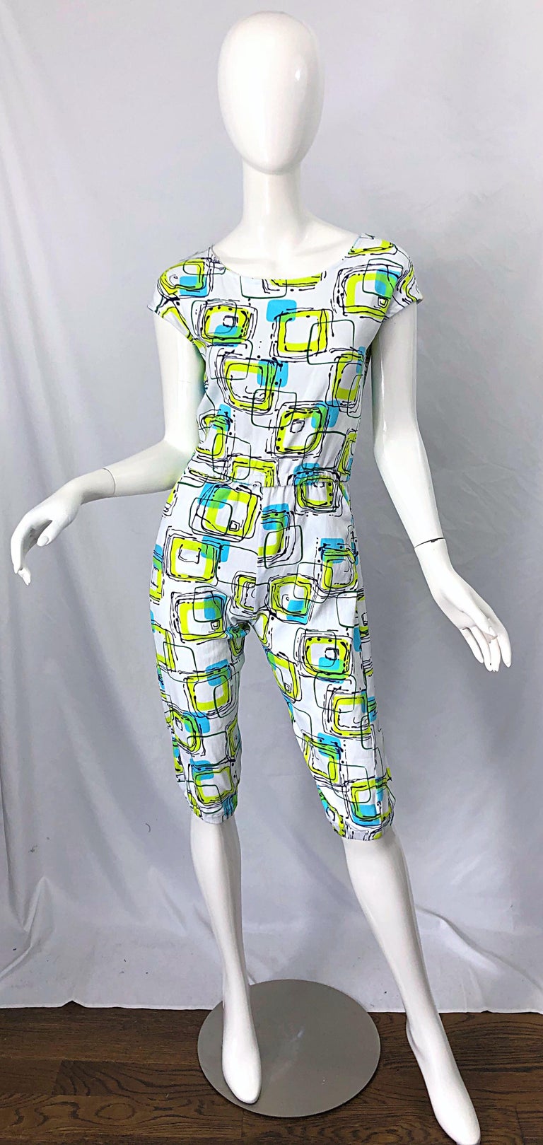 1980s Abstract Square Print Neon Blue + Green Cotton Vintage 80s Romper ...