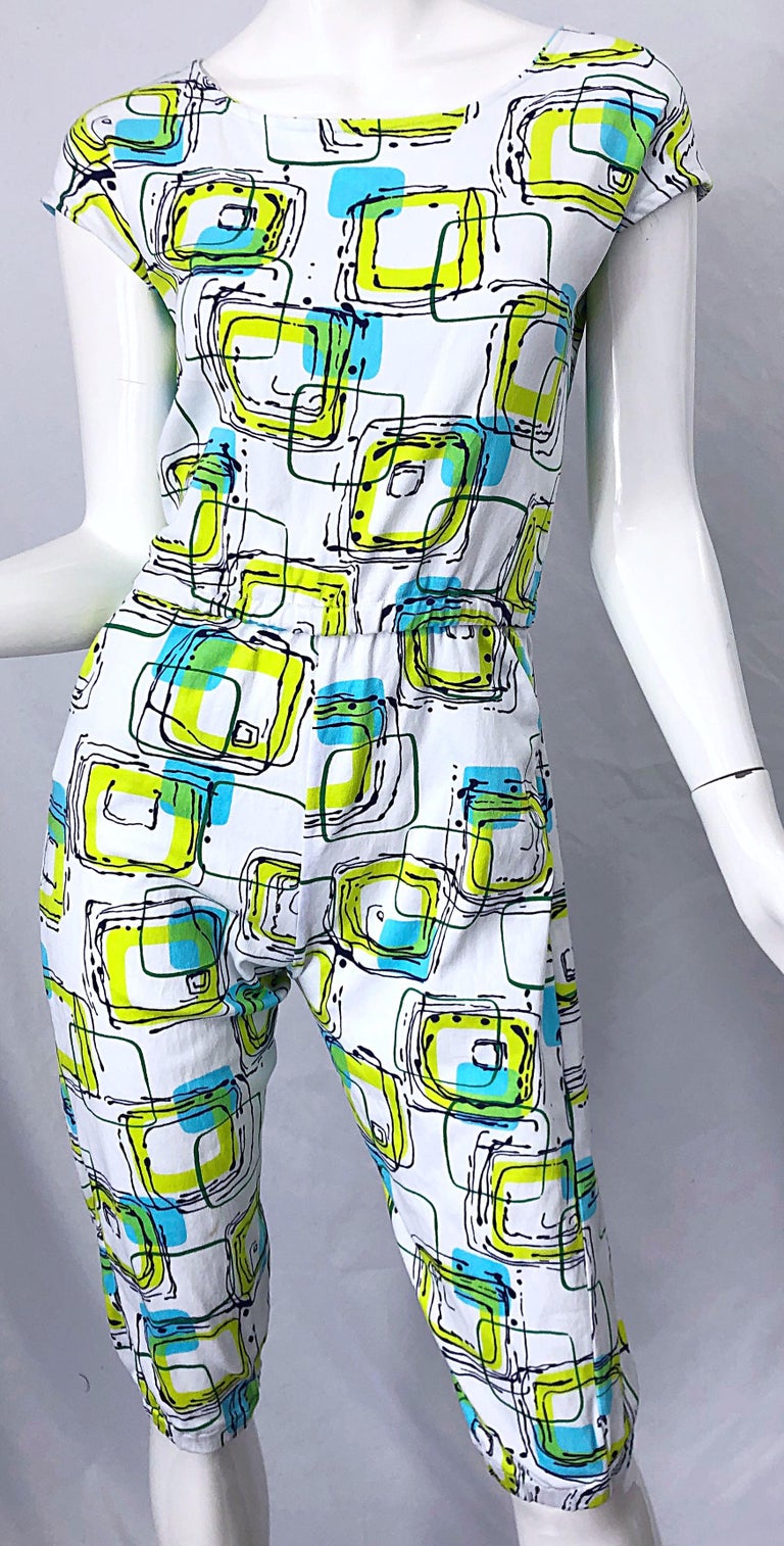 1980s Abstract Square Print Neon Blue + Green Cotton Vintage 80s Romper ...