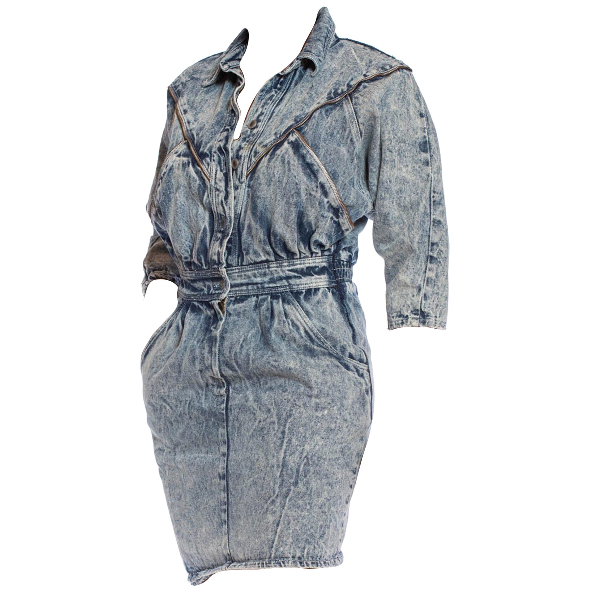 1980S Acid Wash Blue Cotton Denim Distressed Rock and Roll Dress at 1stDibs