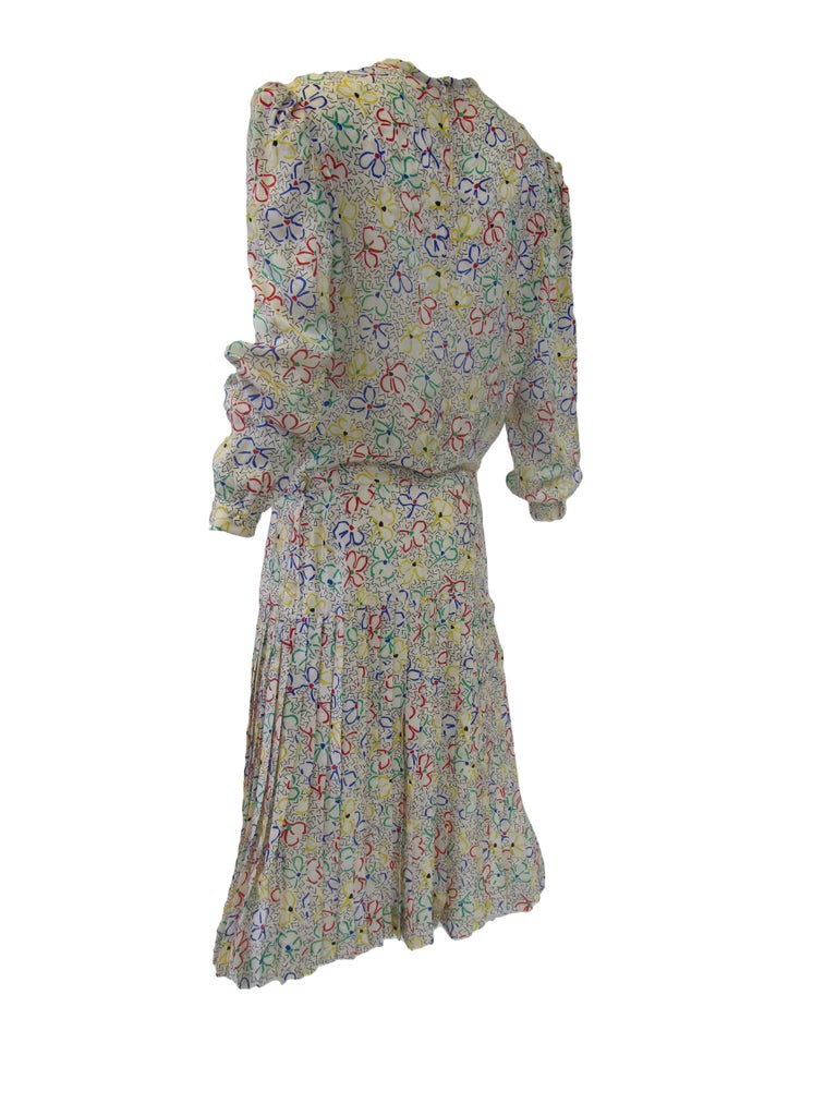 1980s Adolfo Primary Colors Print Silk Skirt Top and Blue Bouclé Jacket ...