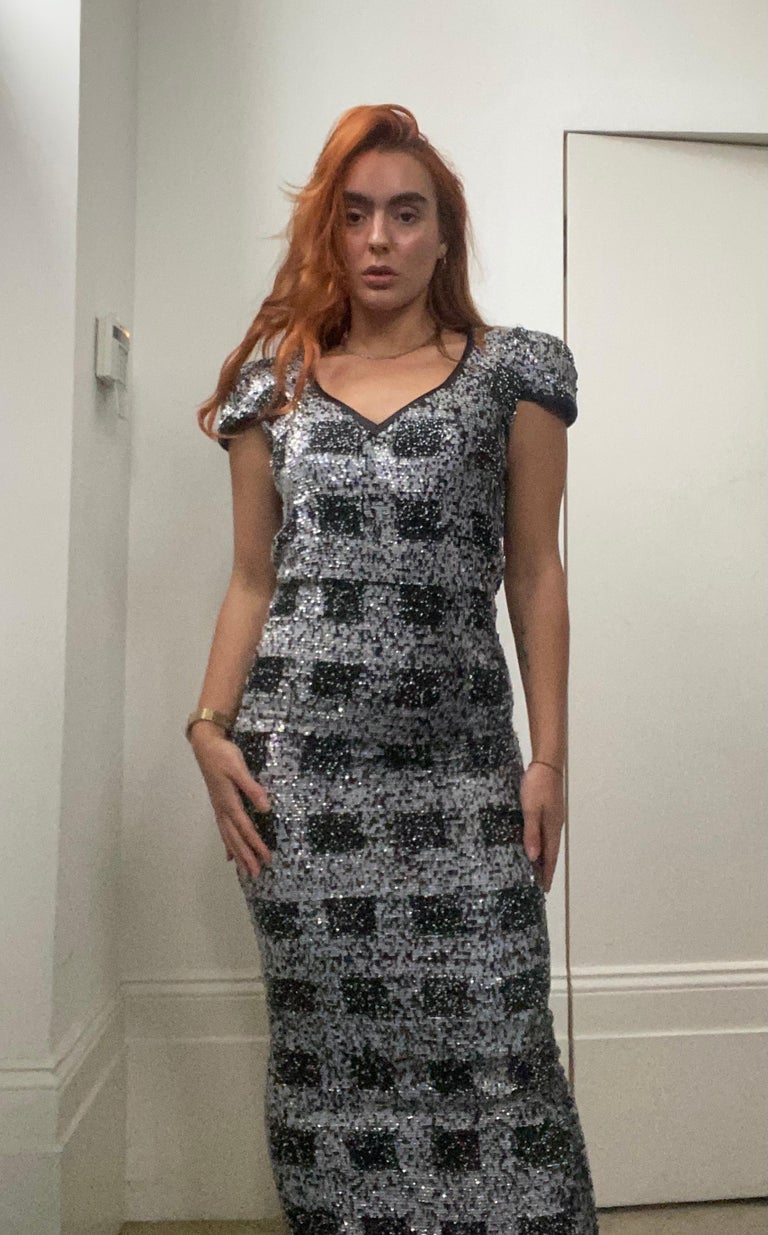 1980s Andre Laug Haute Couture Monochrome Sequin Dress For Sale at 1stDibs