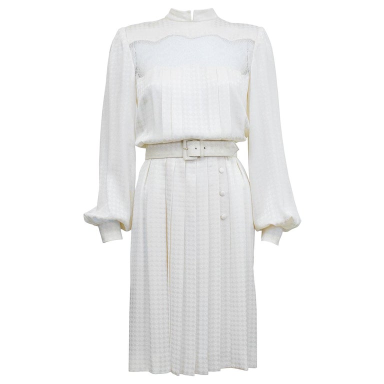 1980s Andre Laug Cream Silk Jacquard and Lace Dress For Sale at 1stDibs