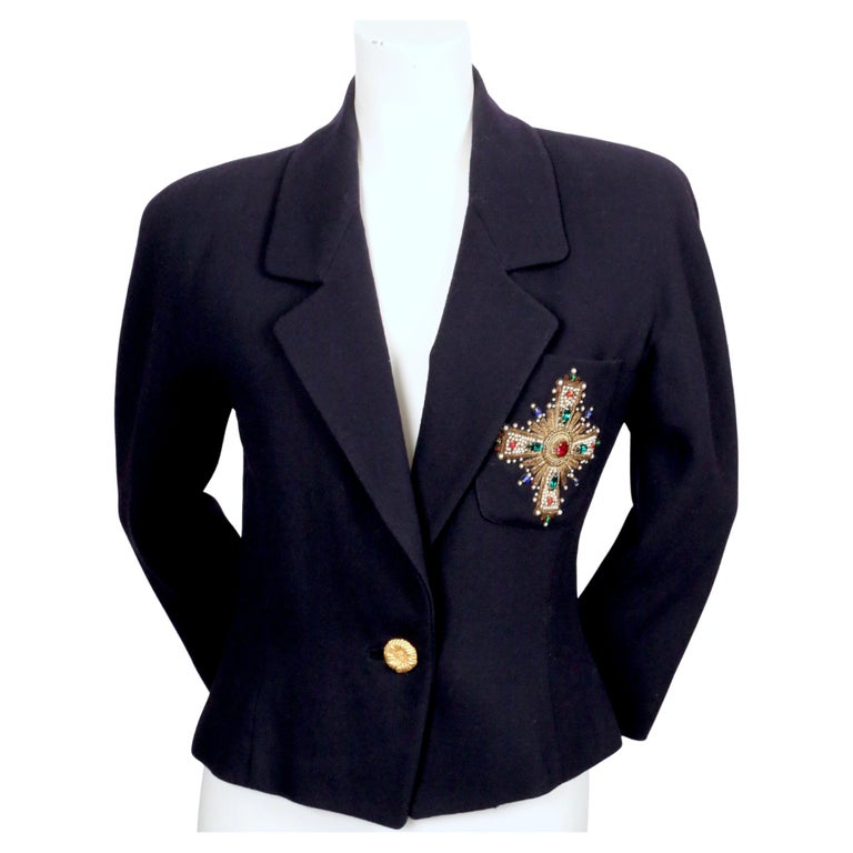 1980's ANNE KLEIN navy wool jacket with jeweled Byzantine cross detail ...