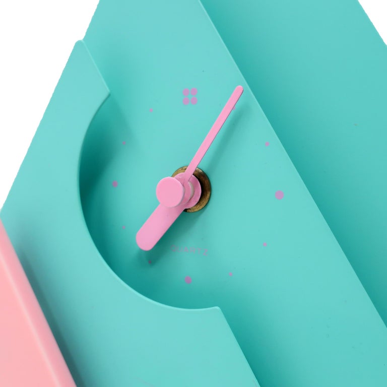 1980s Aqua Blue and Pink Stacked Triangle Desk or Mantel Clock For Sale ...