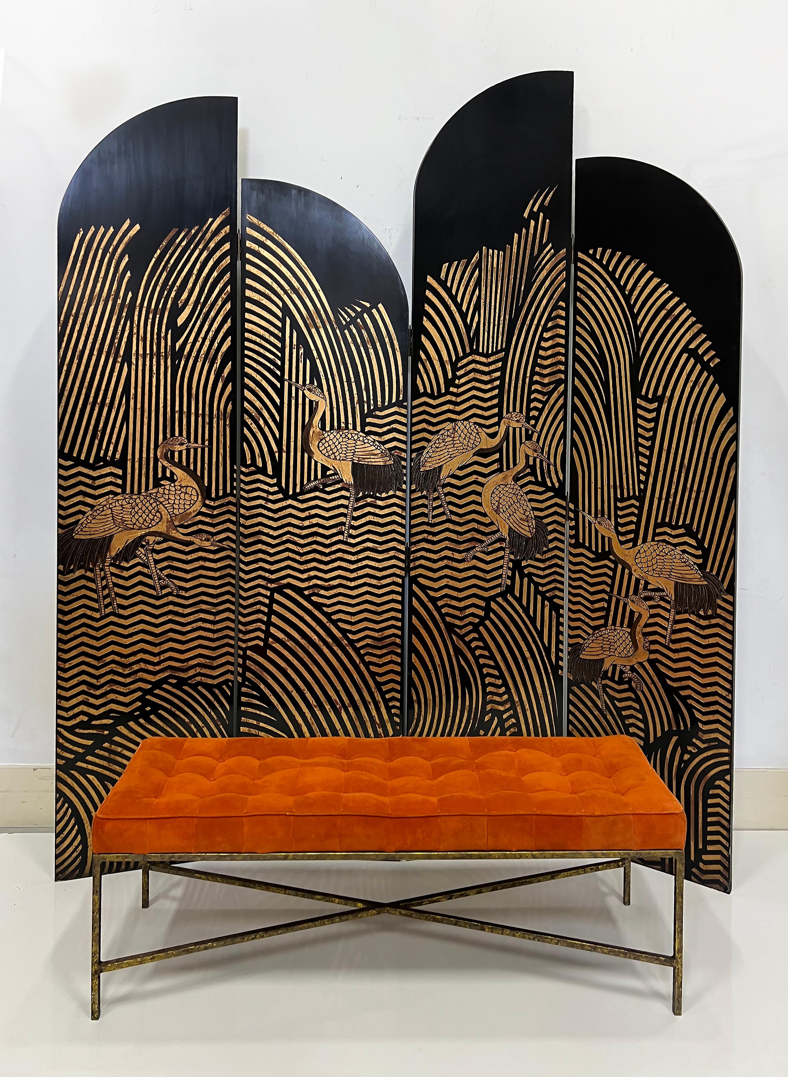 1980s Art Deco Revival Gilt Birds Carved Folding Screen with 4 panels ...