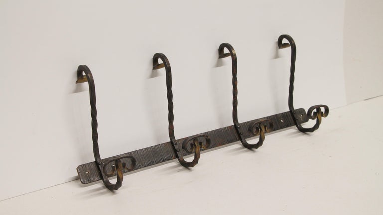 1980s Arts and Crafts Black Wrought Iron Four Hook Rack For Sale at 1stDibs