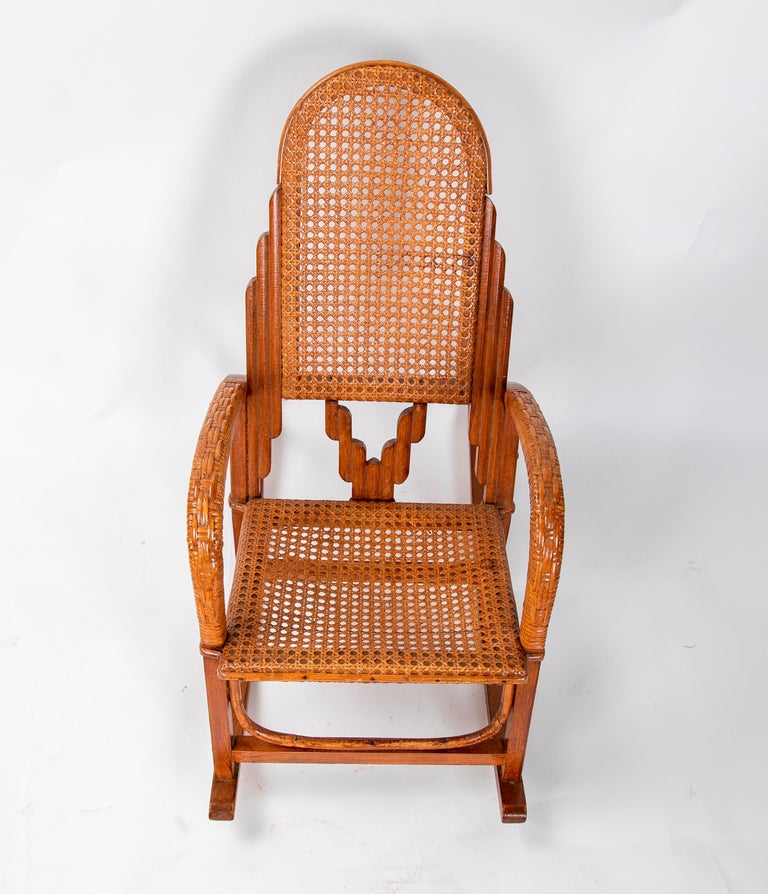 1980s Bamboo, Wood and Wicker Children's Rocking Chair For Sale at 1stDibs