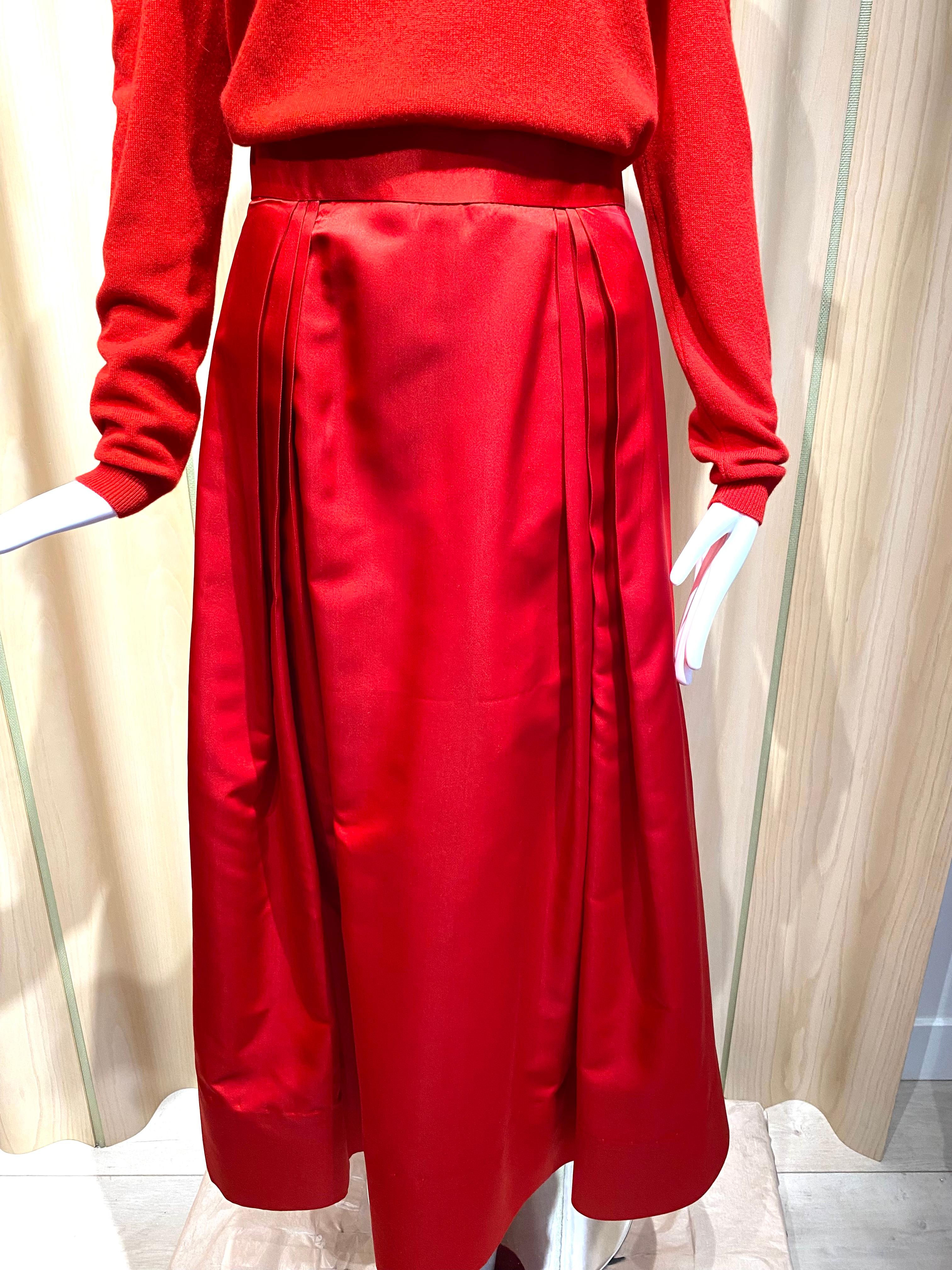 1980s Bill Blass Red Cashmere Sweater And Satin Skirt Set For Sale At