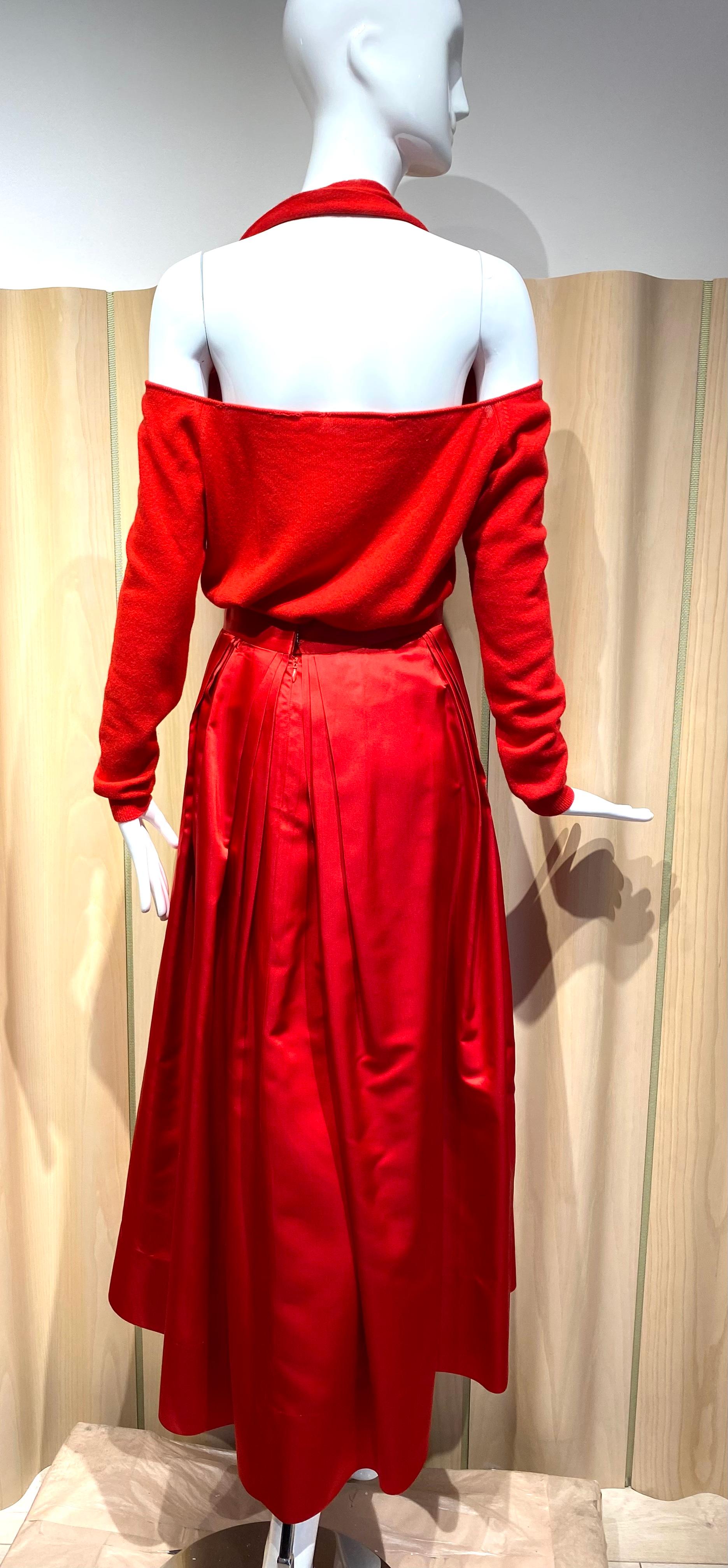 1980s Bill Blass Red Cashmere Sweater And Satin Skirt Set For Sale At