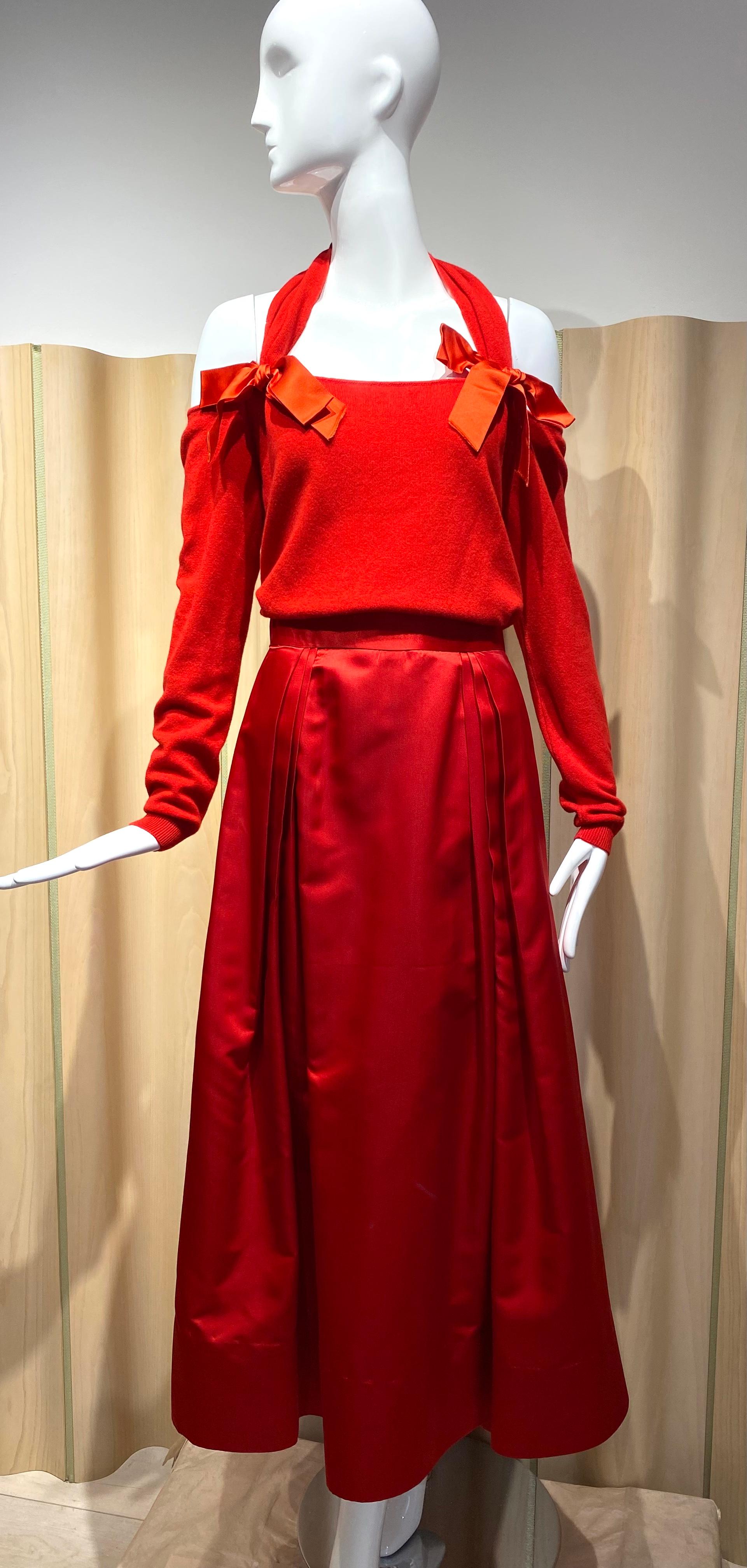 1980s Bill Blass Red Cashmere Sweater And Satin Skirt Set For Sale At