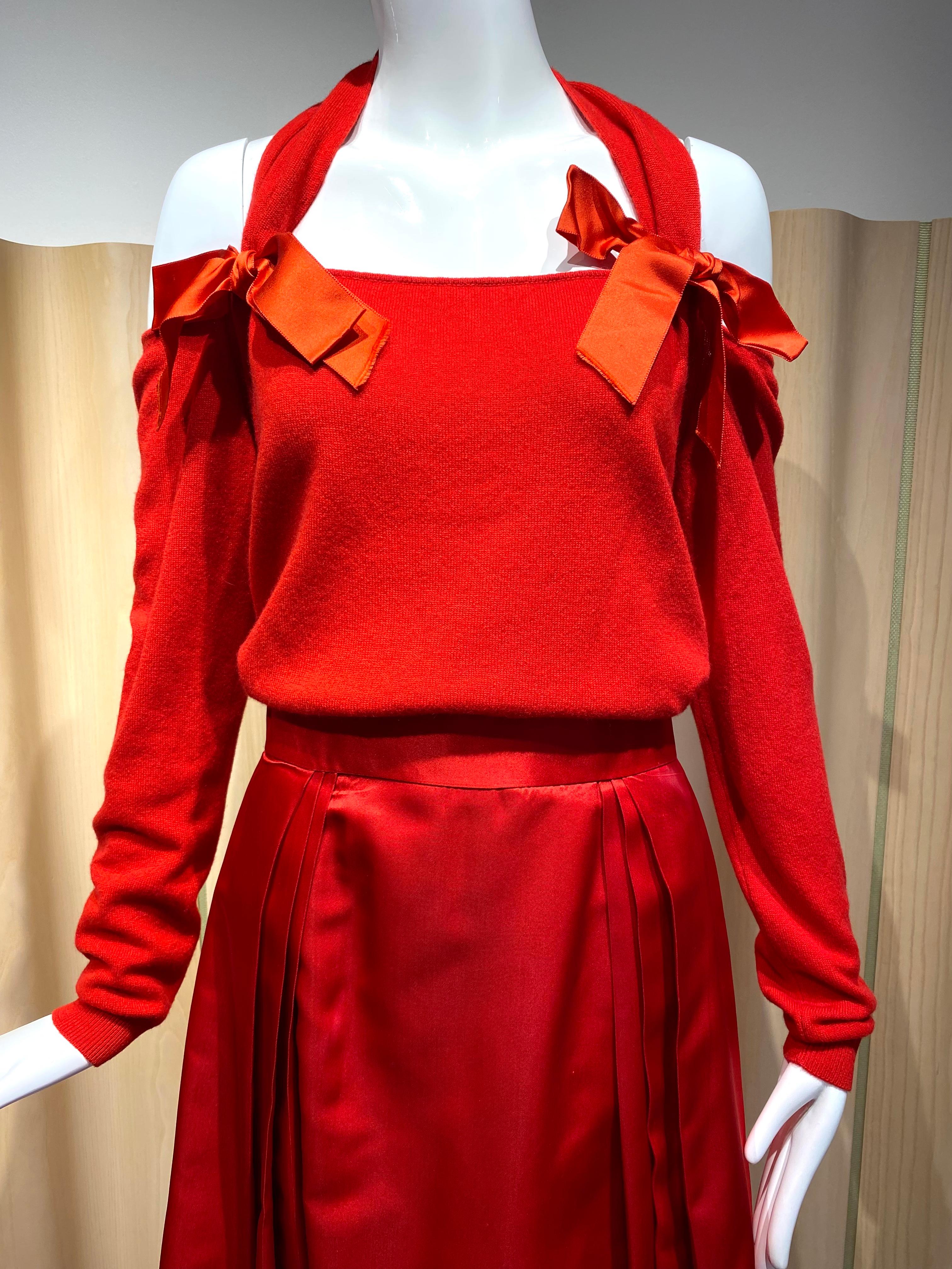 1980s Bill Blass Red Cashmere Sweater And Satin Skirt Set For Sale At