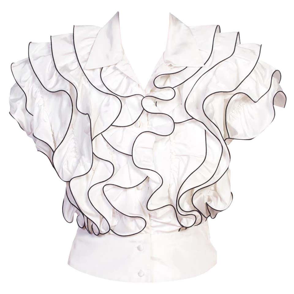 1980s Black And White Taffeta Ruffle Blouse Top At 1stdibs White