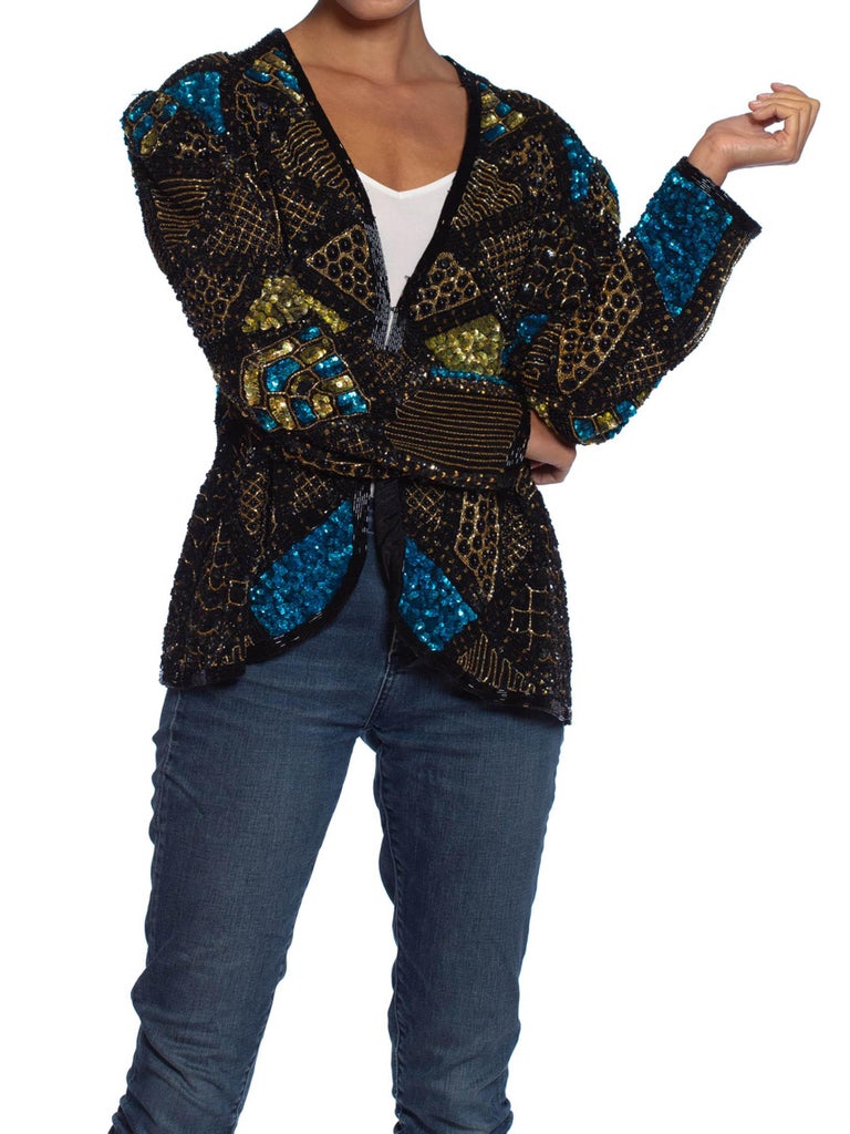1980S Black and Gold Silk Beaded Jacket With Teal Sequin Highlights For ...