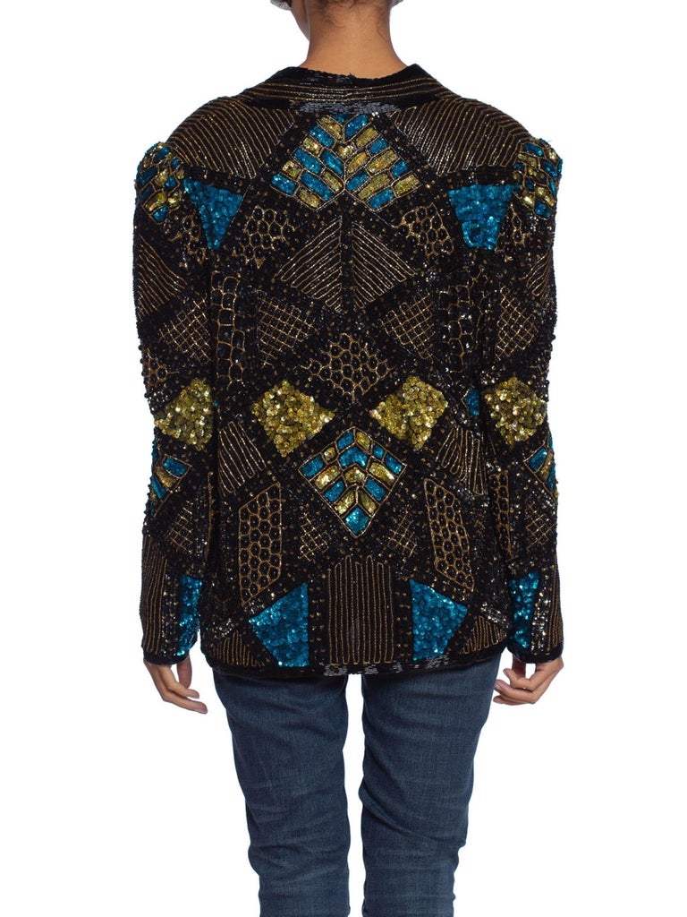 1980S Black and Gold Silk Beaded Jacket With Teal Sequin Highlights For ...