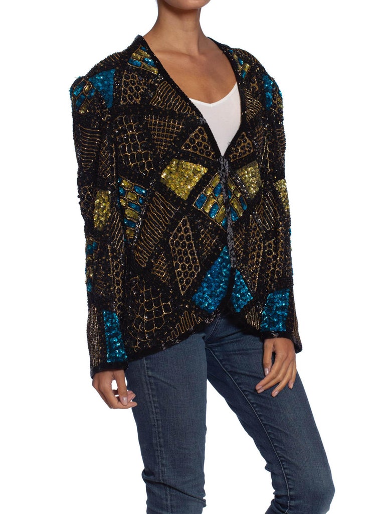 1980S Black and Gold Silk Beaded Jacket With Teal Sequin Highlights For ...