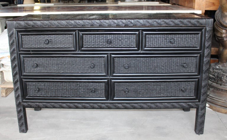 1980s Black Rattan Seven Drawers Console Table at 1stDibs