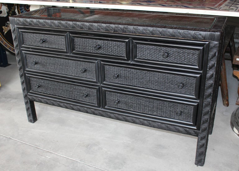 1980s Black Rattan Seven Drawers Console Table at 1stDibs