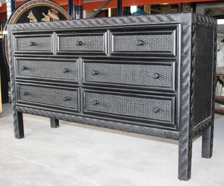 1980s Black Rattan Seven Drawers Console Table at 1stDibs