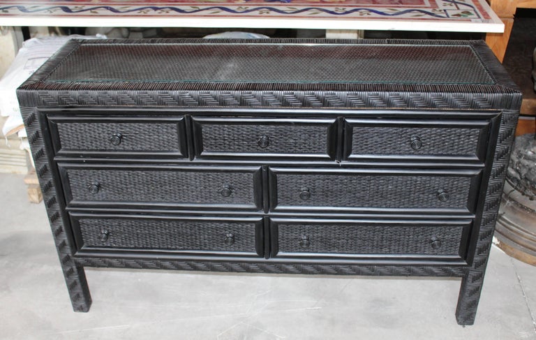 1980s Black Rattan Seven Drawers Console Table at 1stDibs