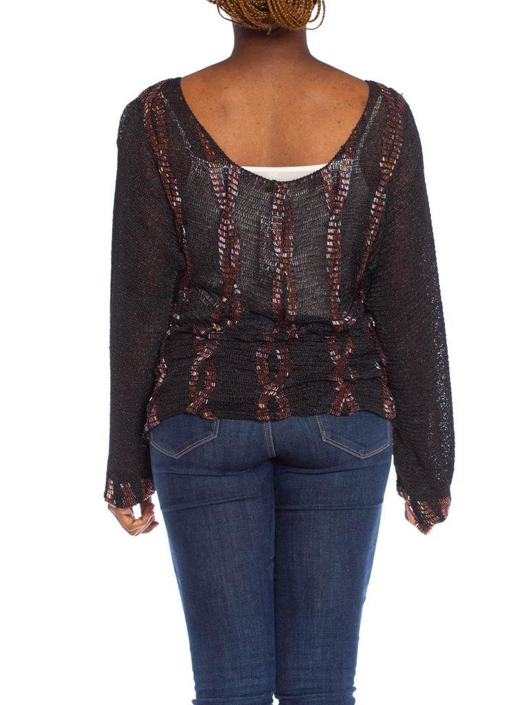 1980S Black Rayon/Lurex Knit Sweater With Red Beaded Faux Bands For ...