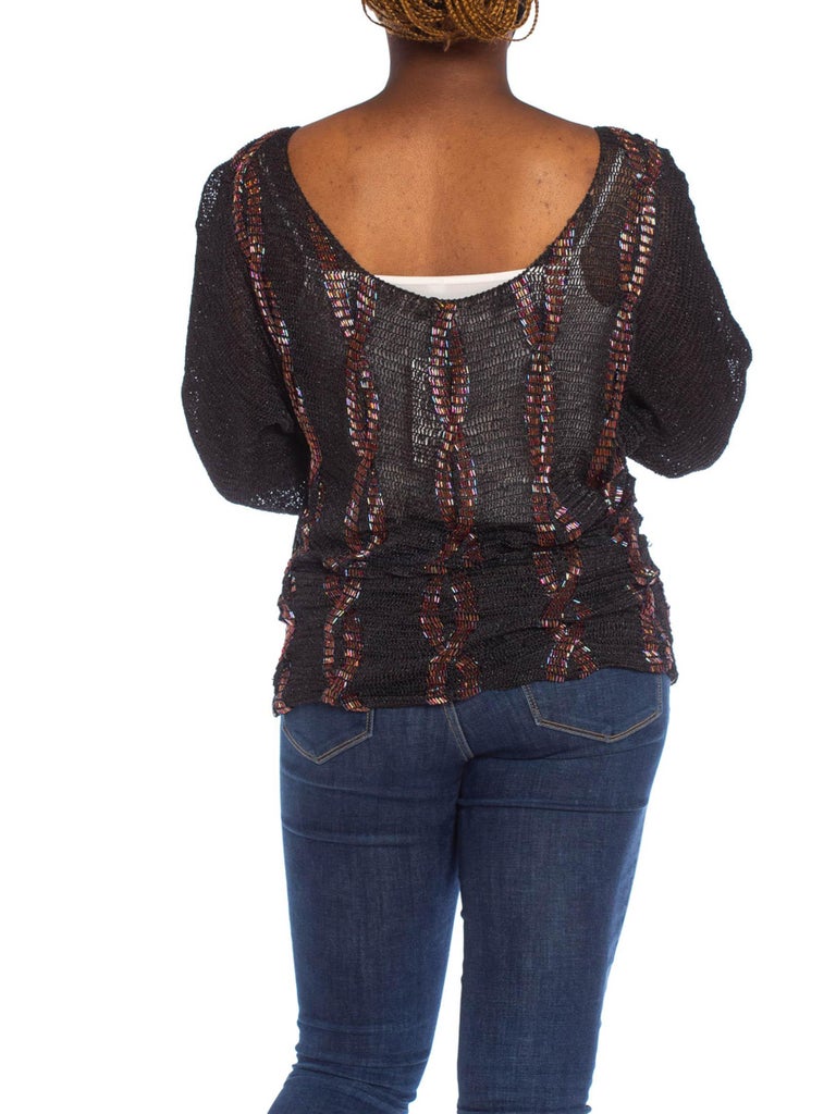 1980S Black Rayon/Lurex Knit Sweater With Red Beaded Faux Bands For ...