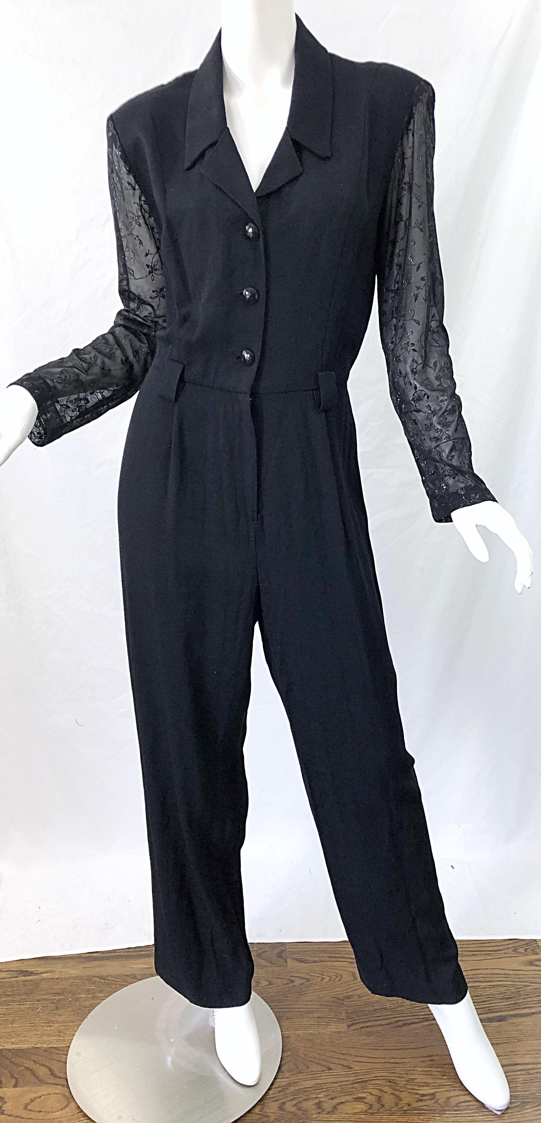 1980s Black Sexy Lace Cut - Out Back Long Sleeve Vintage 80s Jumpsuit ...
