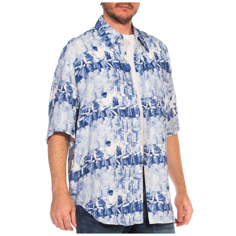 1980S Blue Rayon Iconic NY Construction Workers Printed Men's Shirt at ...