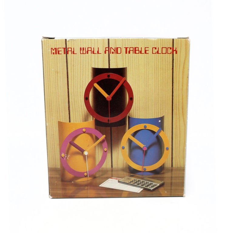 1980s Blue and Yellow Metal Desk Clock by Time Square For Sale at 1stDibs