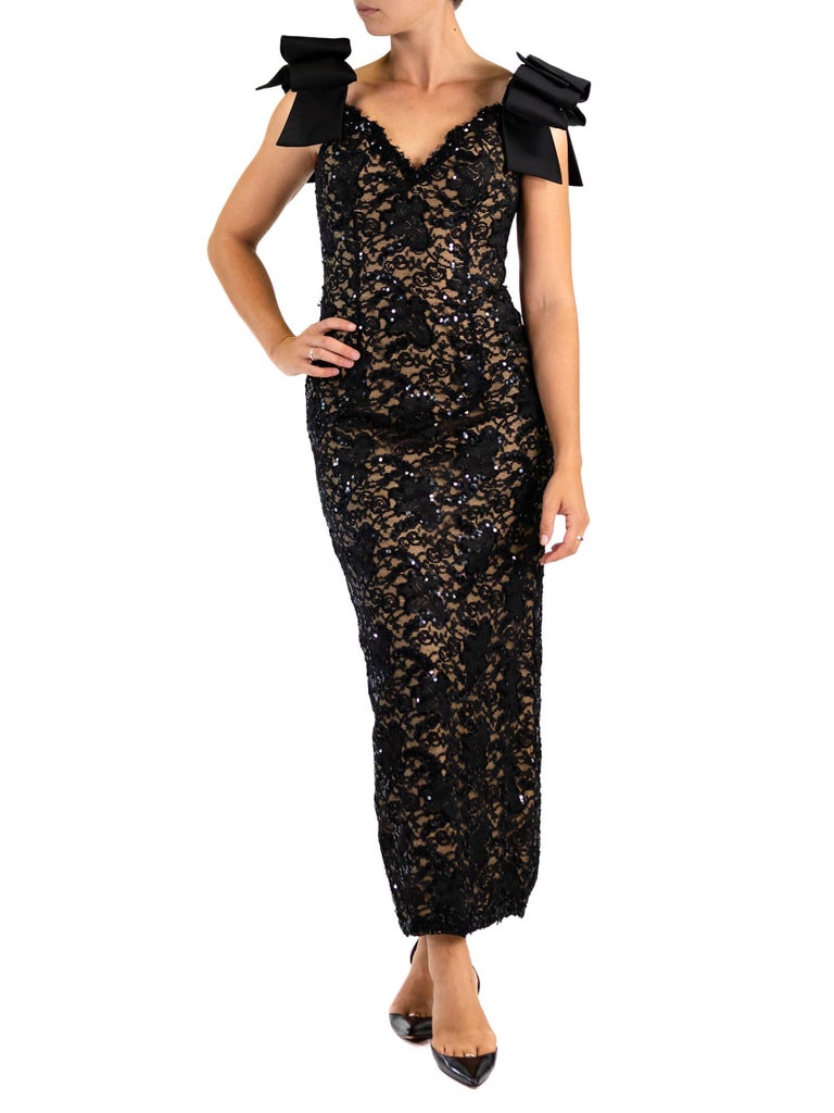 1980S BOB MACKIE Black and Cream Lace Gown With Fab Bow Sleeves For ...