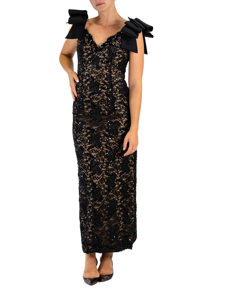 1980S BOB MACKIE Black and Cream Lace Gown With Fab Bow Sleeves For ...