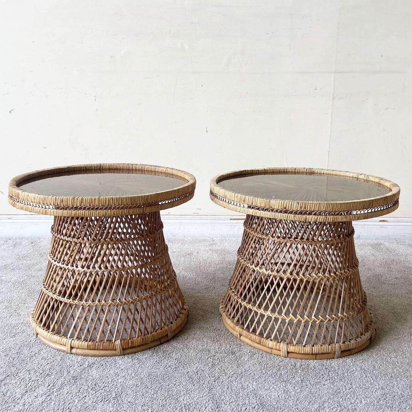 1980s Boho Chic Buri Rattan Smoked Glass Top Hour Glass Side Tables - a ...