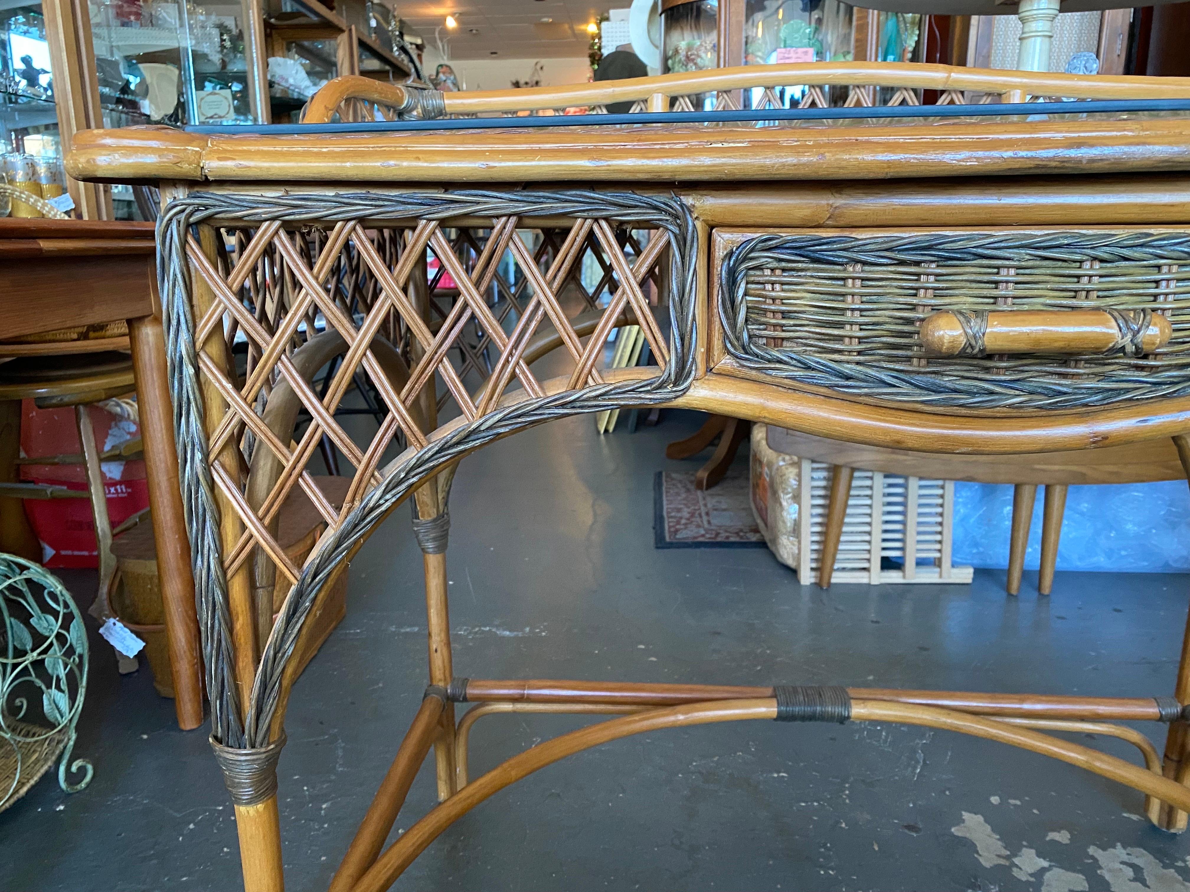 1980s Boho Chic Rattan and Bamboo Desk with Glass Top For Sale at 1stDibs