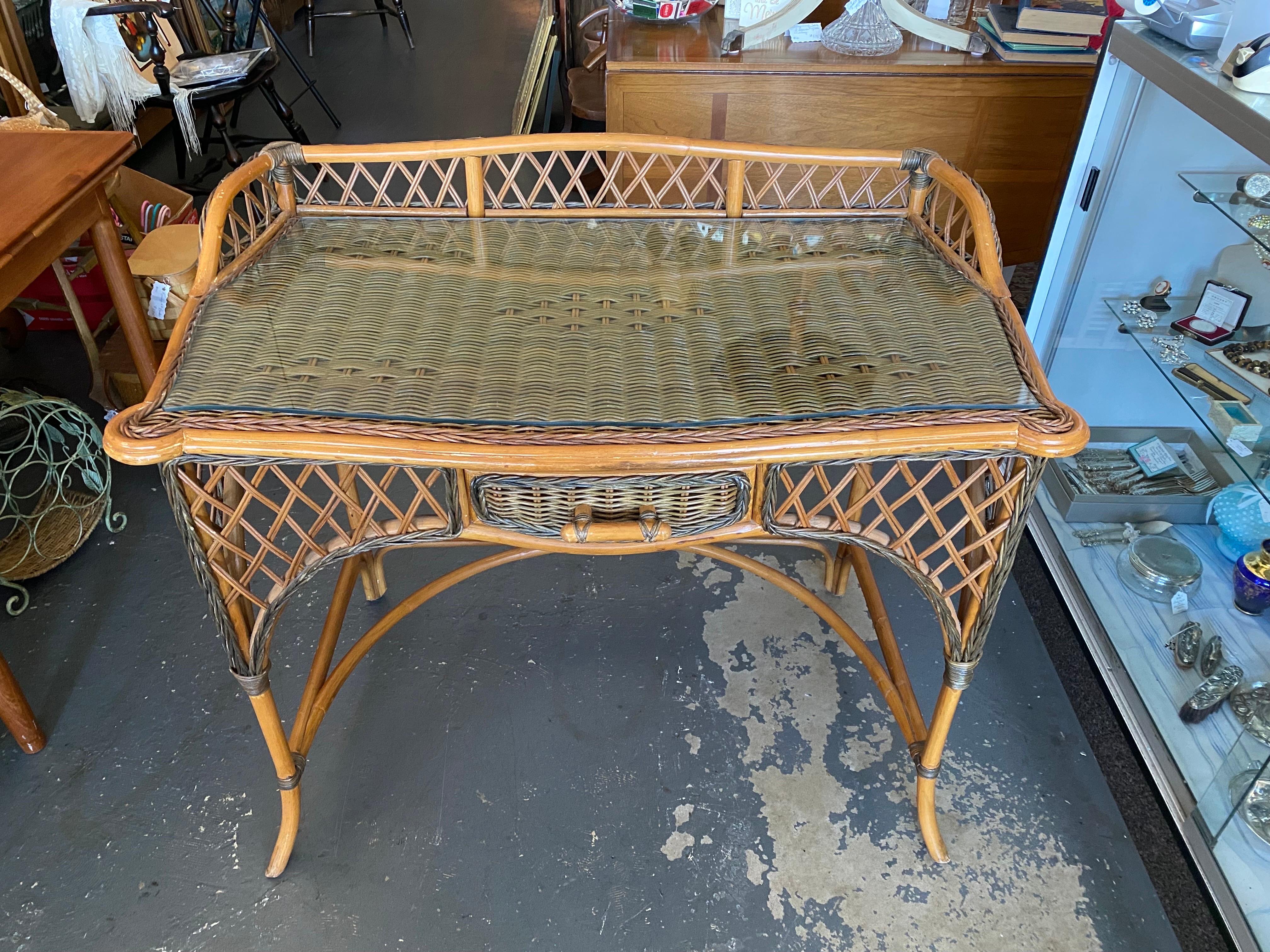 1980s Boho Chic Rattan and Bamboo Desk with Glass Top For Sale at 1stDibs