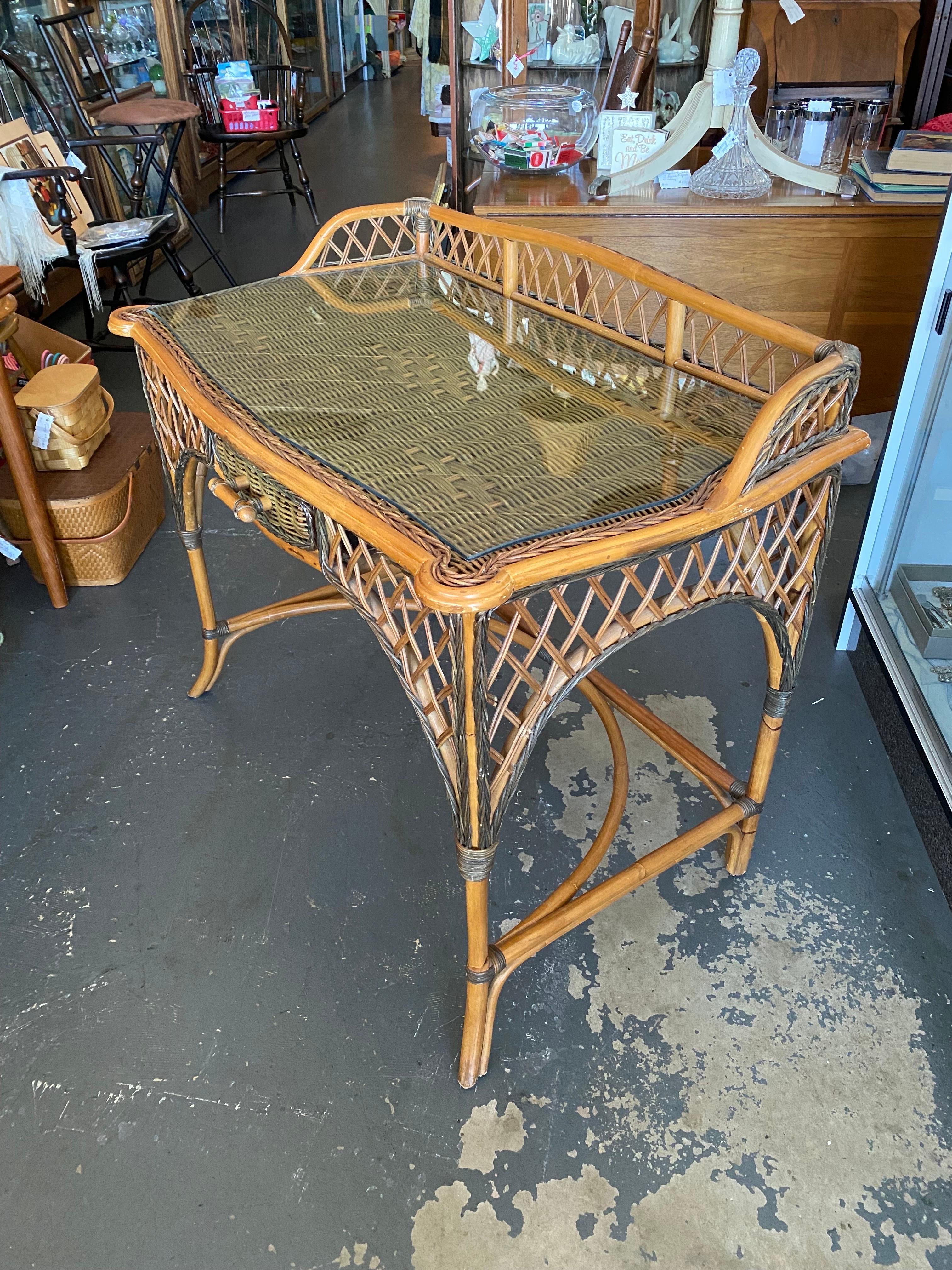 1980s Boho Chic Rattan and Bamboo Desk with Glass Top For Sale at 1stDibs