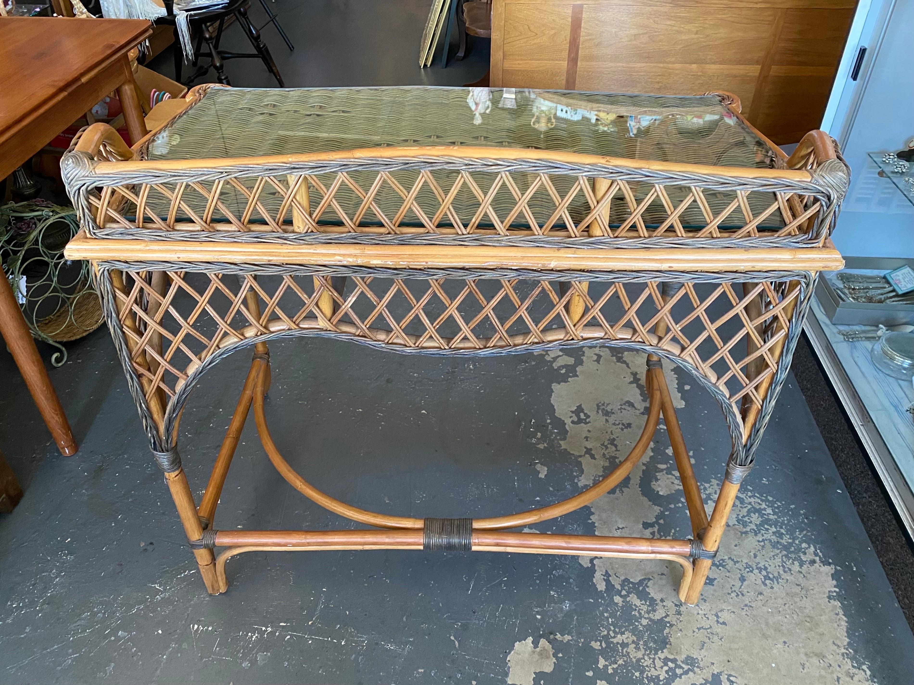 1980s Boho Chic Rattan and Bamboo Desk with Glass Top For Sale at 1stDibs