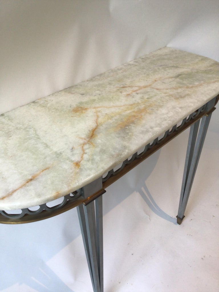 1980s Bronze and Steel Classical Demi Lune Console Table with Stone Top ...