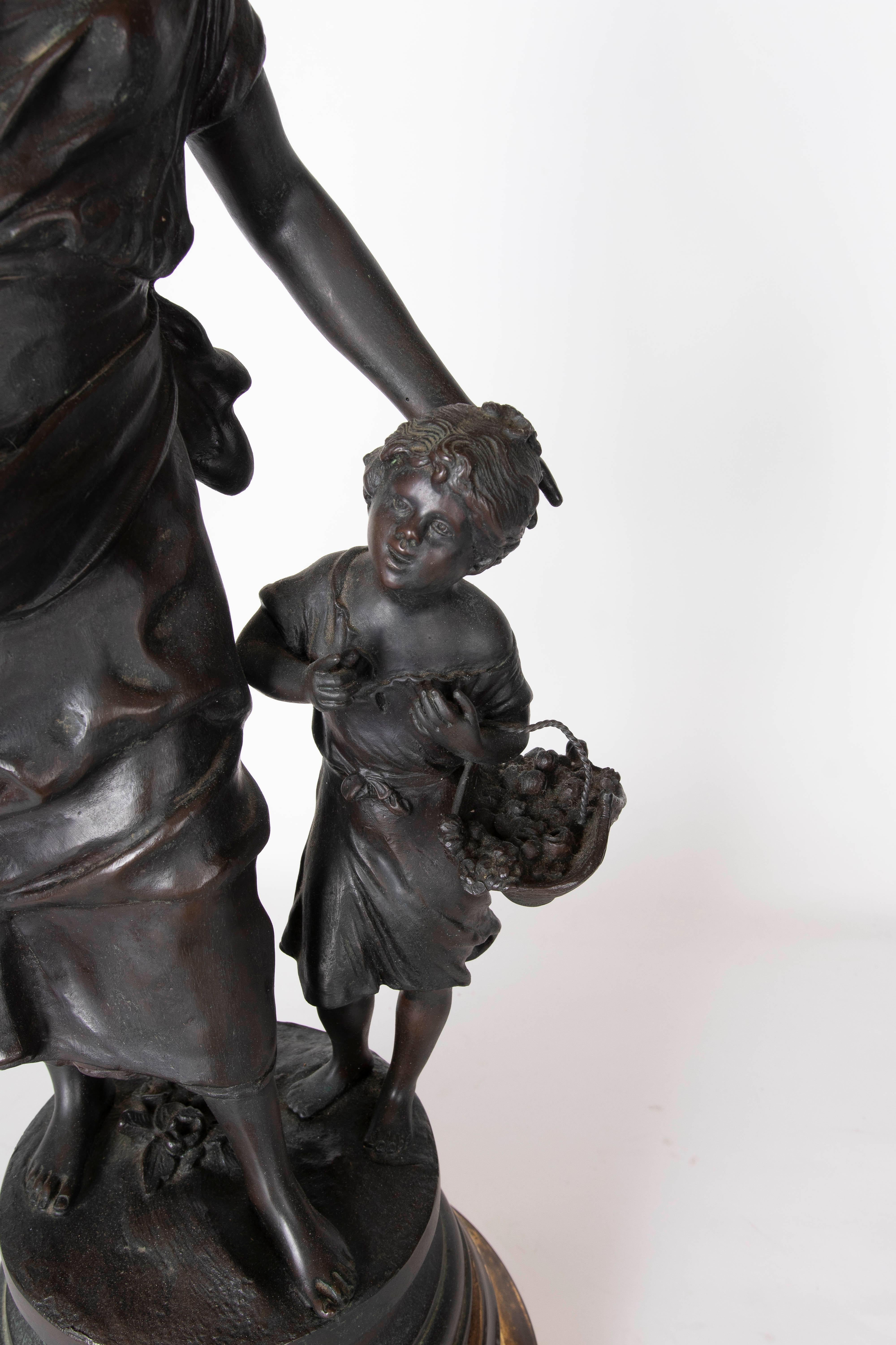 1980s Bronze Sculpture of a Woman with Her Daughter on a Round Base ...