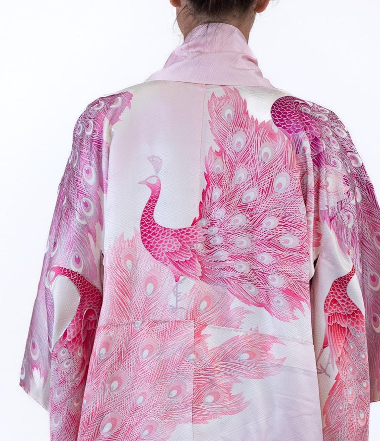 1980S Bubble Gum Pink Silk Peacock Print Kimono For Sale at 1stDibs