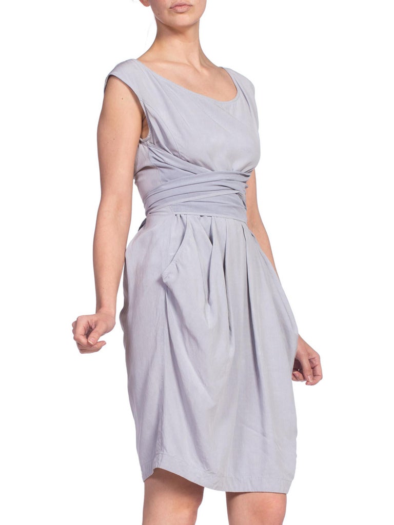 1980'S BYBLOS Dove Grey Washed Silk Tie Waist Dress For Sale at 1stDibs