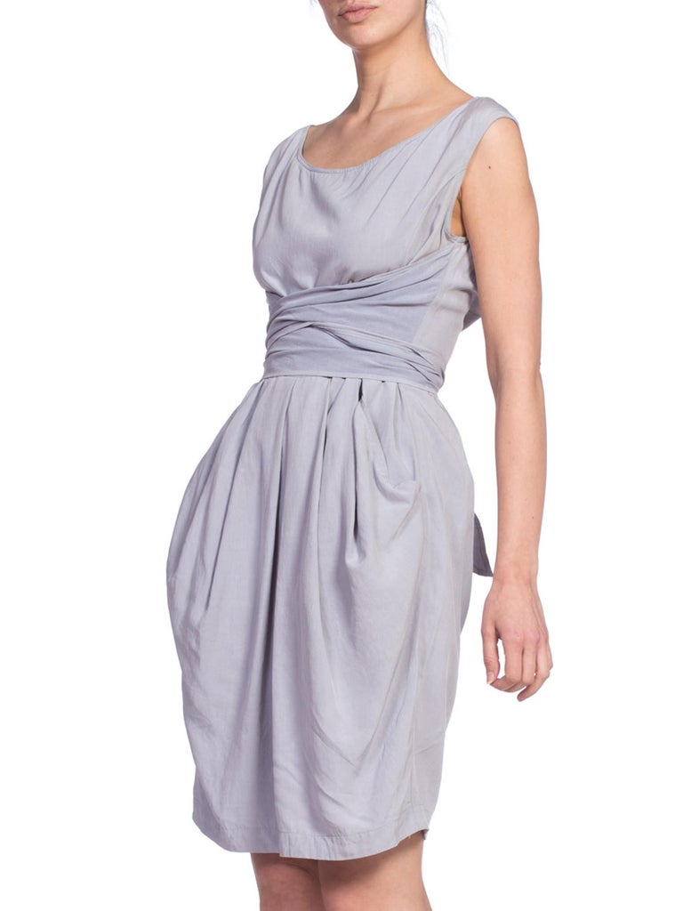 1980'S BYBLOS Dove Grey Washed Silk Tie Waist Dress For Sale at 1stDibs