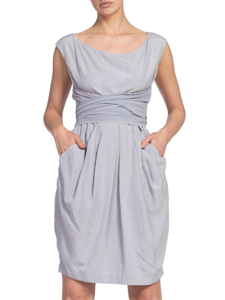 1980'S BYBLOS Dove Grey Washed Silk Tie Waist Dress For Sale at 1stDibs