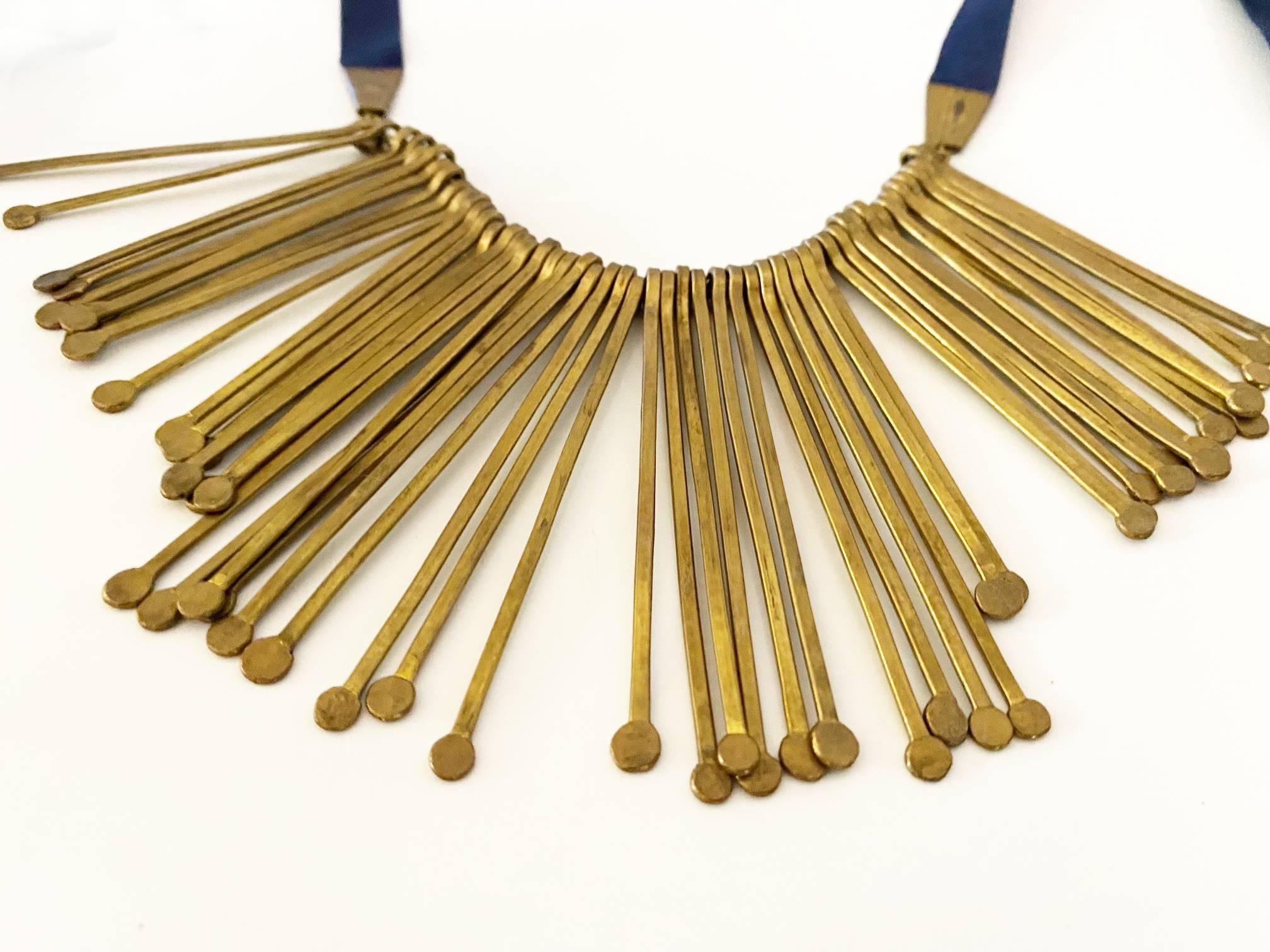 1980s Celine Fringe Statement Brass Tib Black Ribbon Necklace at ...