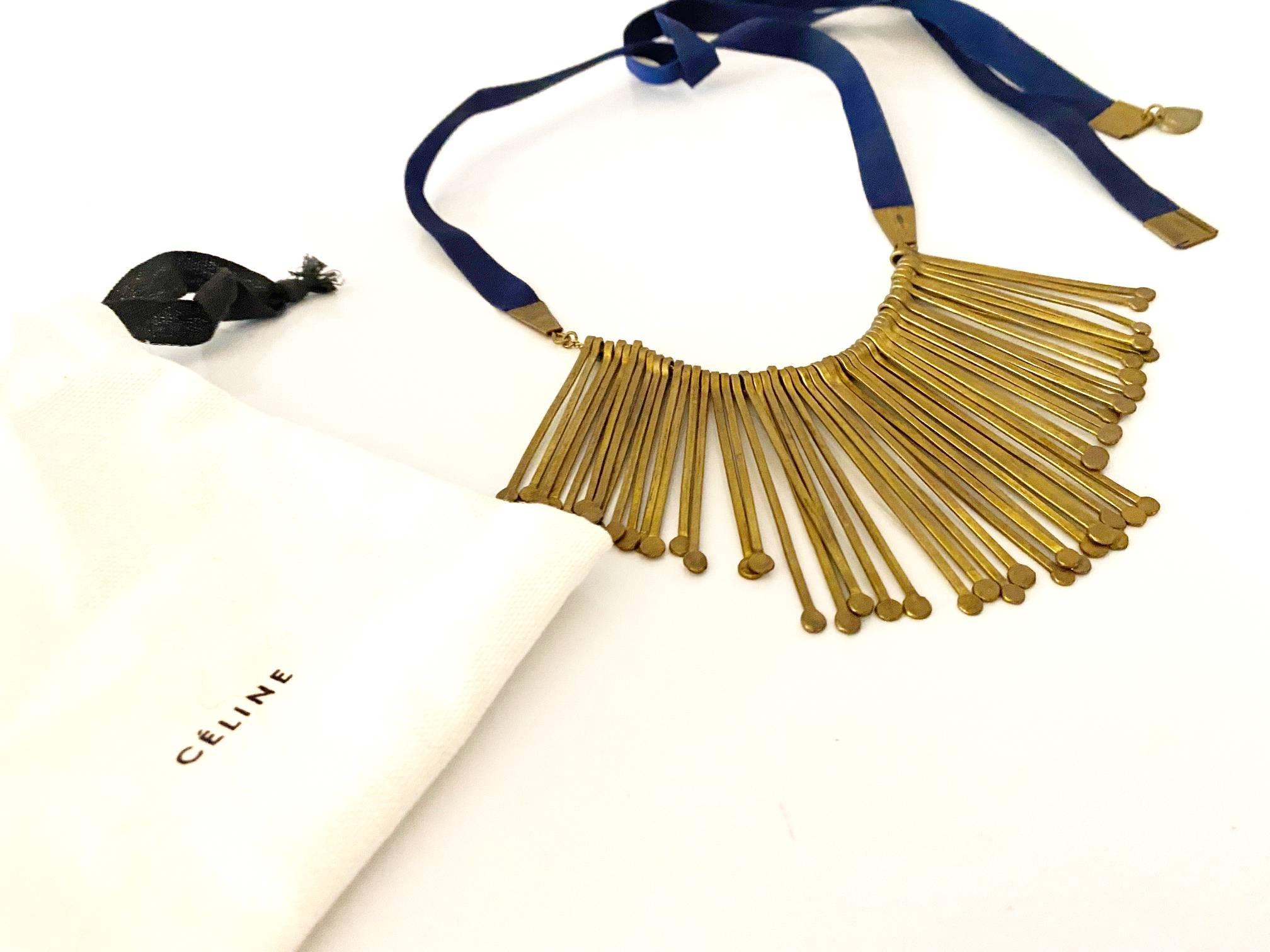 1980s Celine Fringe Statement Brass Tib Black Ribbon Necklace at ...