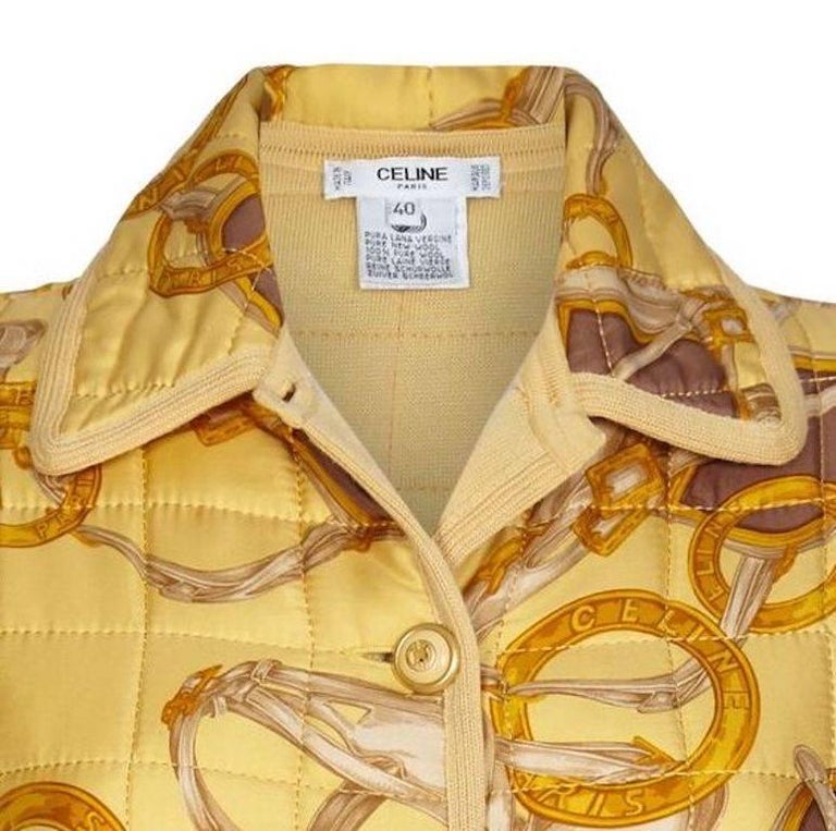 1980s Celine Yellow Equestrian Print Silk Quilted Jacket at 1stDibs