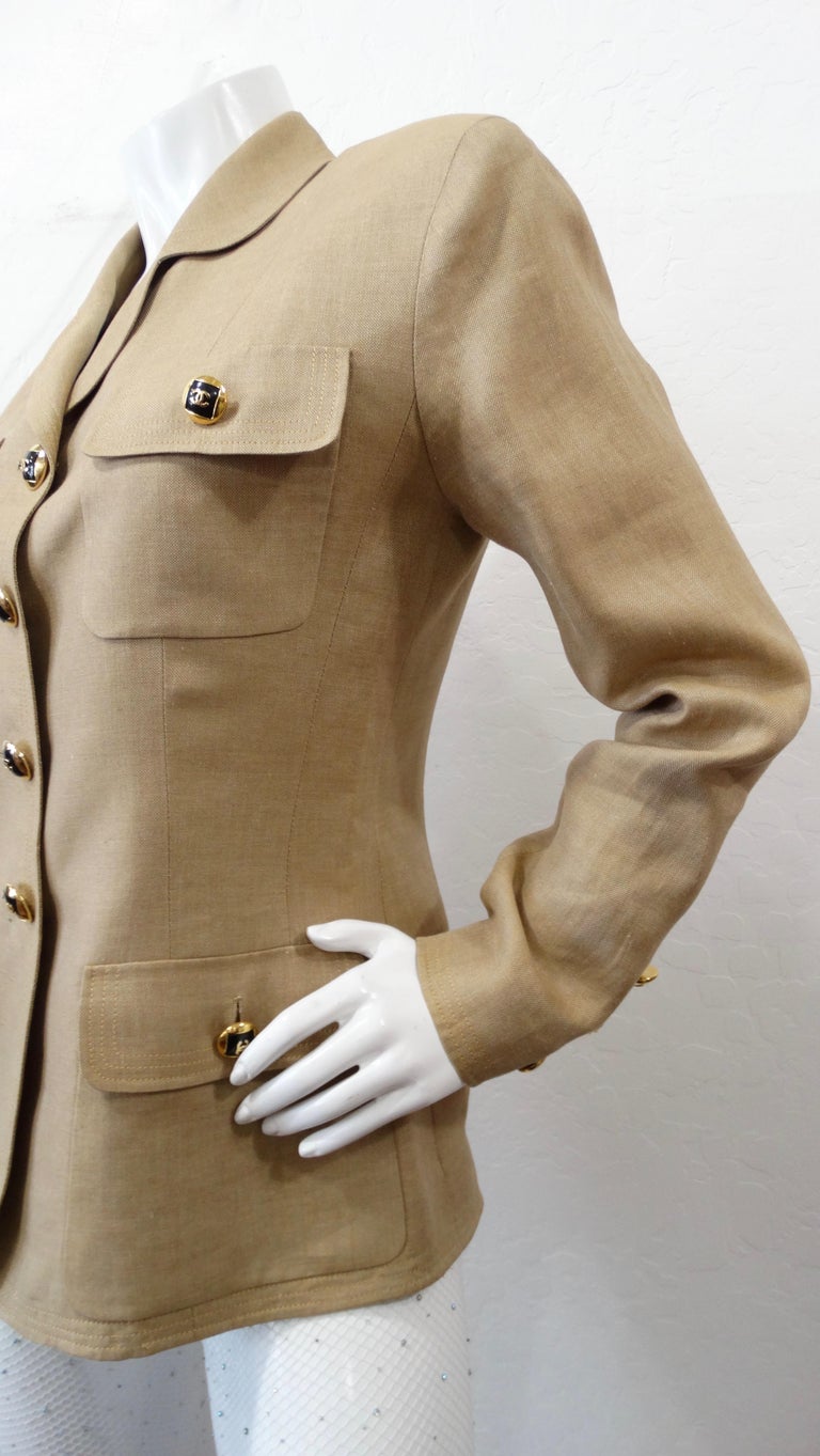 Chanel 1980s Tan Linen Blazer With CC Buttons at 1stDibs