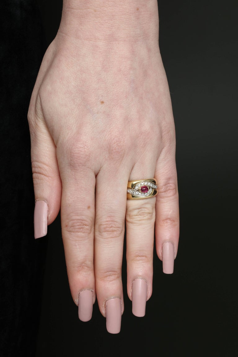 1980s Chic Cabochon Ruby with Diamond Swirl Design Gold Band Style Ring ...