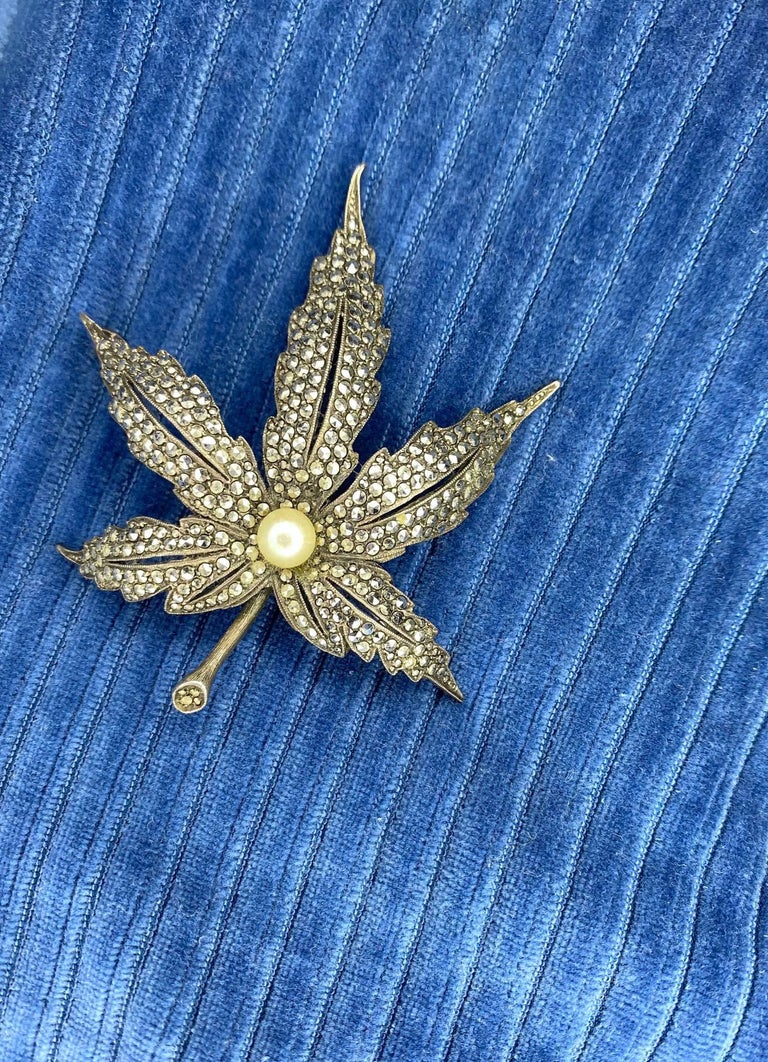 1980s Christian Dior Crystal Leaf Brooch with crystals and Pearl For ...