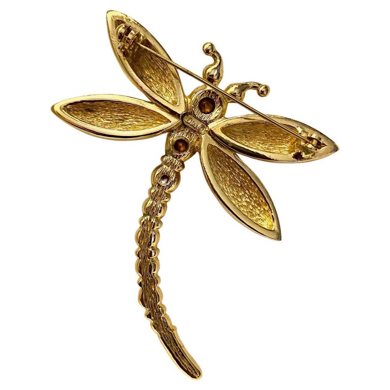 1980s Christian Dior Dragonfly Crystal Gold Tone Brooch For Sale at 1stDibs