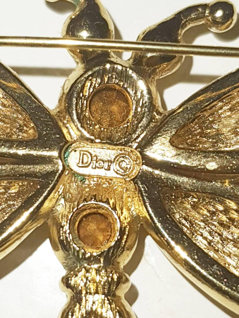 1980s Christian Dior Dragonfly Crystal Gold Tone Brooch For Sale at 1stDibs
